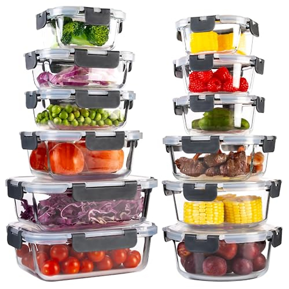 YARYOUNG 12 Pack Glass Food Storage Containers with Lids, Glass Meal Prep Containers, Airtight Glass Lunch Bento Boxes, BPA Free & Leak Proof