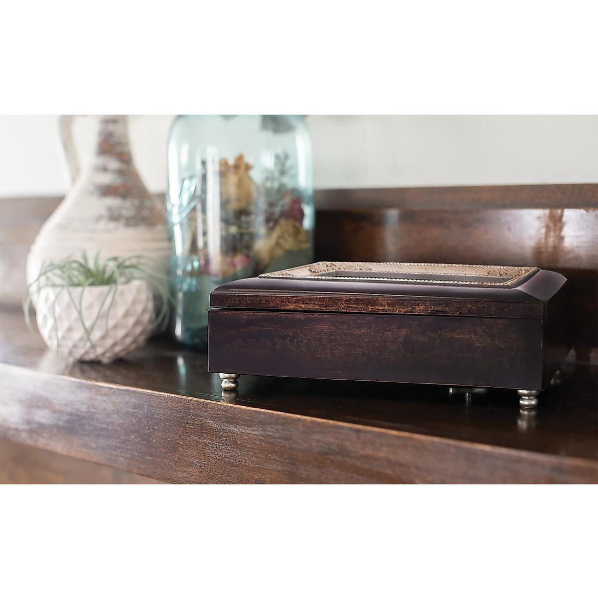 Cottage Garden St. Therese of Lisieux Dark Wood Finish Jewelry Music Box Plays Tune Ave Maria