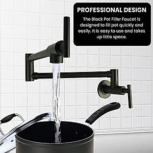 Black Pot Filler Faucet Commercial, Wall Mount Brass Faucet Kitchen Double Joint Spout Swing Arm Folding Stretchable Single Hole Two Handles for Hot or Cold Water