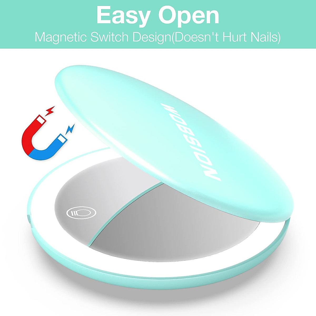 wobsion Travel Mirror with Light, Rechargeable 1x/10x Compact Magnifying Mirror, Dimmable Pocket Mirror,3.5inch Travel Size,Portable for Handbag,Purse,Gift,Cyan