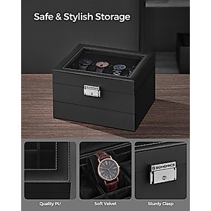 SONGMICS 8-Slot Watch Box, Lockable Watch Case with Glass Lid, 2 Layers, with 1 Drawer for Rings, Bracelets, Gift Idea, Black Synthetic Leather, Black Lining UJWB080B01