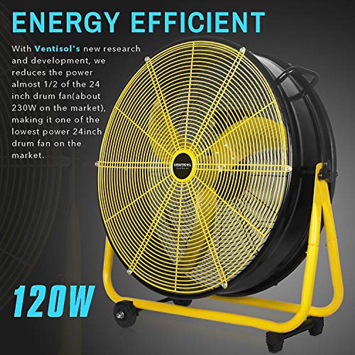 VENTISOL Industrial Fan 24" High Velocity Floor Fan With 3 Speed 7800 CFM, Heavy Duty Metal Drum Fan For Shop, Garage, Warehouse, Workshop, Factory, Commercial