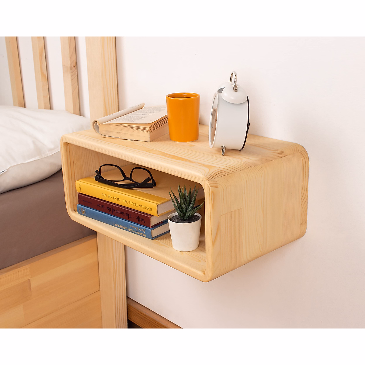 WOODCHES Floating Nightstand Wooden, Bedside Table, Nightstand Shelf, Handmade, Wall Mounted Bedside Shelf, Minimalist and Unique Style (Natural)