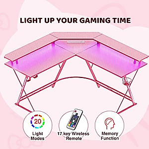 SEVEN WARRIOR Gaming Desk 50.4” with LED Lights& Power Outlets, L-Shaped Gaming Desk Carbon Fiber Surface with Monitor Stand, Ergonomic Pink Gaming Desk with Cup Holder, Headphone Hook
