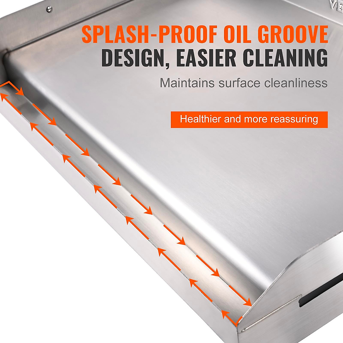 VEVOR Stainless Steel Griddle, 23.5"x16" Pre-Seasoned Stove Top Griddle, Rectangular Double Burner Griddle Pan, Non-Stick Family Pan Cookware with Handles and Oil Groove, for BBQ, Gas Grills, Silver