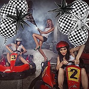 6 Pcs Race Car Checkered Balloons 3 Pcs Explosion Pointed Star Foil Balloons for Racing Party Decorations, 22'' Jumbo Sphere 4D Black and White Checkered Flag Mylar Balloons for Birthday Party
