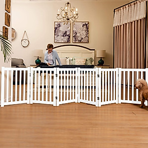 LZRS Solid HardWood Freestanding Pet Gate,Wooden Dog Gates for Doorways,Nature wood Dog Gates for The House,Dog Gate for Stairs,Freestanding Indoor Gate Safety Fence,White,24" Height-6 Panels