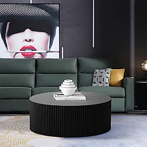 Round Coffee Table, Modern Black Side Table End Table for Living Room, Wood Circle Drum Coffee Table with Handcrafted Relief, Contemporary Living Center Table