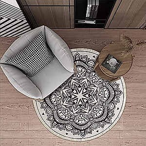 Jucoan 4Ft Round Cotton Area Rug, Chic Decorative Boho Mandala Circle Rug with Tassels, Washable Indoor Floor Throw Area Rug for Living Room, Kid Playroom, Nursery Room
