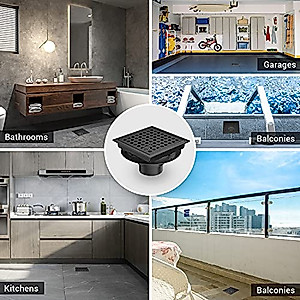 EXF Square Shower Drain 6 Inch Matte Black, Stainless Steel Shower Floor Drain Kit with Flange, Removable Grid Grate, Hair Strainer, Not Fit for Bathtub
