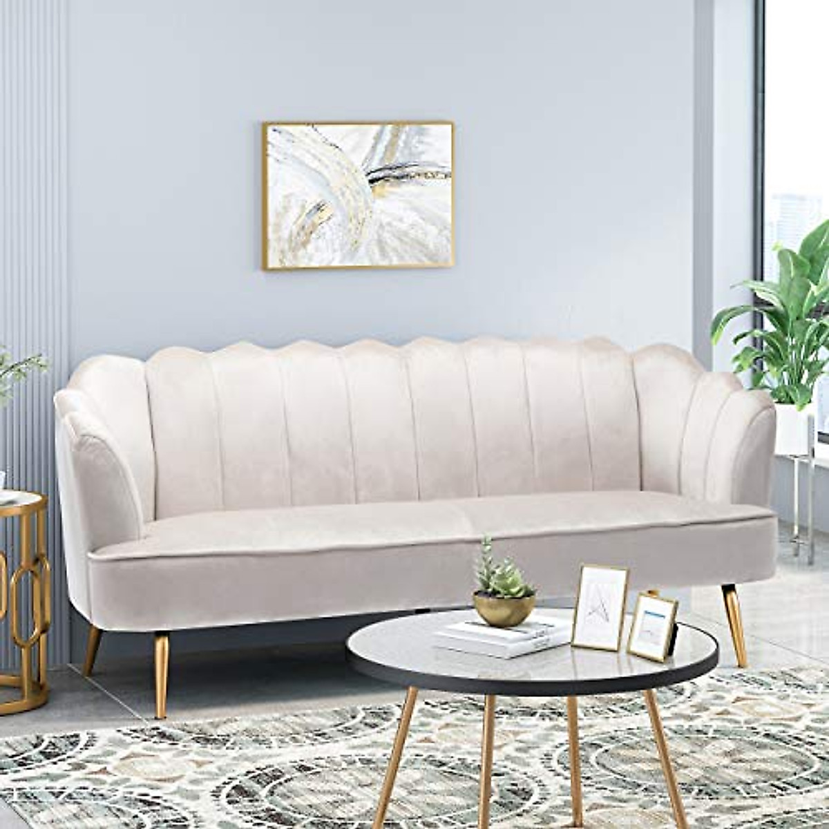 Christopher Knight Home Reitz Channel Stitch 3 Seater Shell Sofa - Velvet - Beige/Gold
