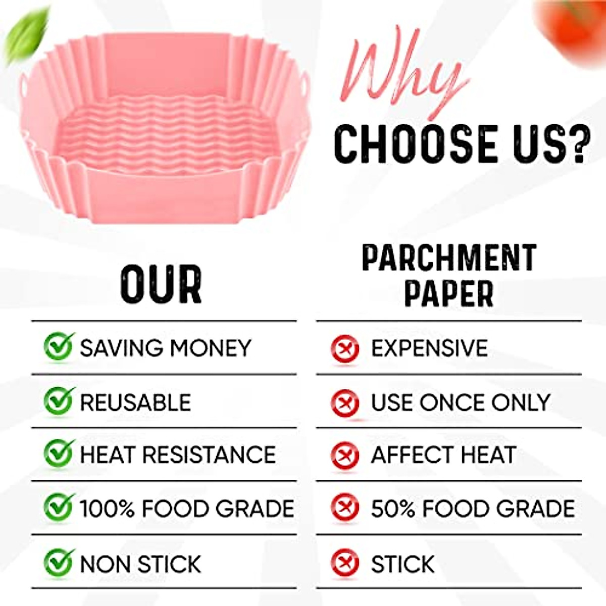 BW 2-Pack Square Silicone Air Fryer Liners 8 Inch For (4 to 7 QT) Reusable AirFryer Pot Air Fryer Inserts For Oven Microwave Accessories (Grey+Pink) + (2 Anti Heat Gloves)