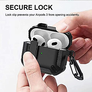 OETKER Compatible AirPods 3 Case Cover, Secure Lock Clip Full-Body Rugged Airpods 3rd Generation Shockproof Case Hard Shell for Men Women with Keychain for Airpod Gen 3 Charging Case 2021,Black