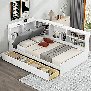 VilroCaz Twin Size Platform Bed with L-Shaped Storage Shelves and Upholstered Headboard, Solid Wood Daybed Frame with 2 Drawers and Rotatable Storage Board, Maximize Space (White-25)