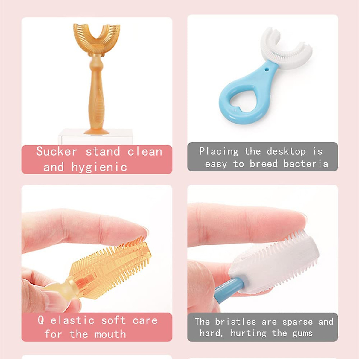 JYZPJ 2 Pack Kids U Shaped Toothbrush Toddler Toothbrush with Soft Silicone Bristles with Suction Cup Base 360 U Type Toothbrush for Children Ages 2-12 (6-12 Years Old)