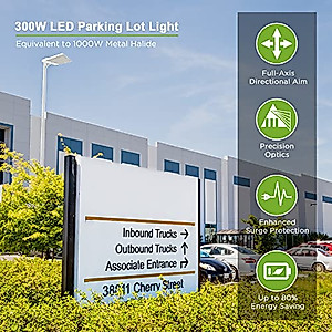 300W LED Parking Lot Light with Dusk to Dawn Photocell Adjustable Slip Fitter Mount LED Shoebox Light for Tennis Court Parking Lot Roadways ETL Certified 0-10V Dimmable 5000K 42000LM White 1PACK