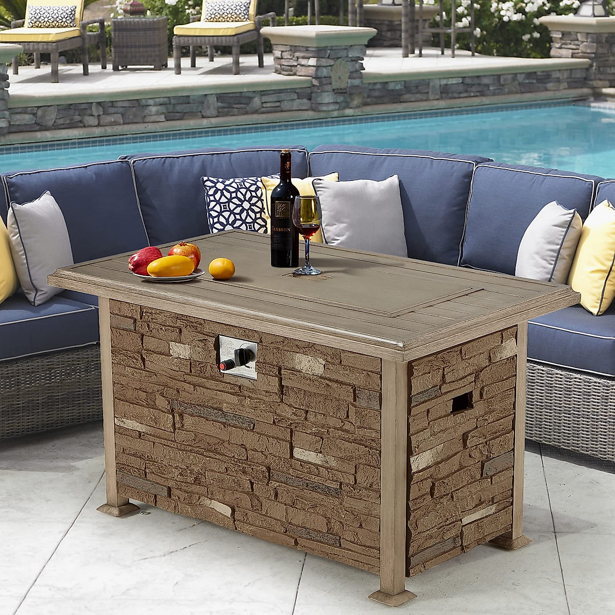 Vicluke 44 Inch Aluminum Propane Fire Pit Table w/Faux Ledgestone, Hand-Painted Table Top, 50,000 BTU Fire Table w/CSA Certification,Waterproof Cover,Glass Rock for Outdoor,Patio,Christmas(Brown)