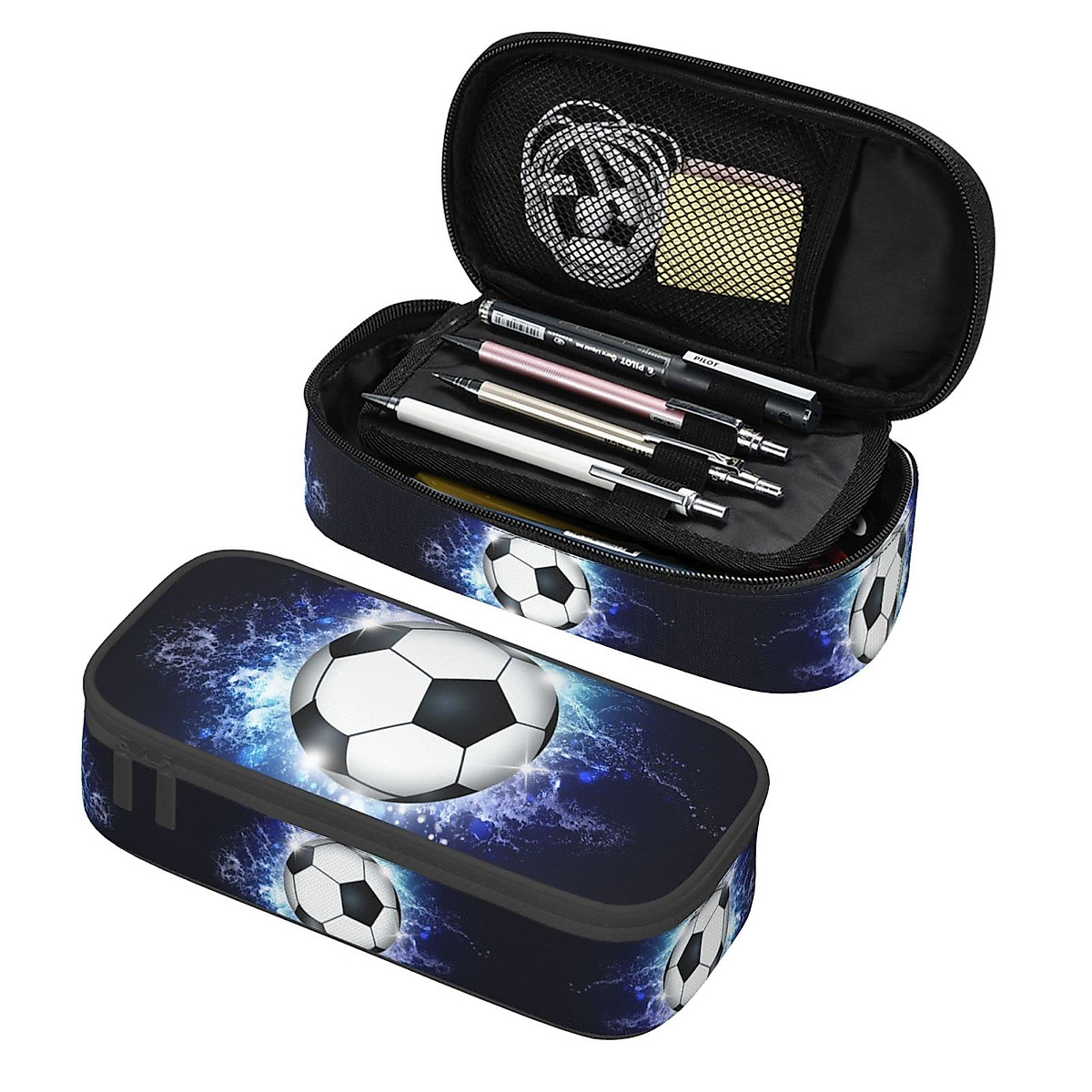 SNAPMADE Soccer Ball Pencil Box Sports Pencil Case for Boys Men, Large Capacity Durable Blue Black Pencil Pouch Storage Pen Bag Stationary Case with Double Zippers