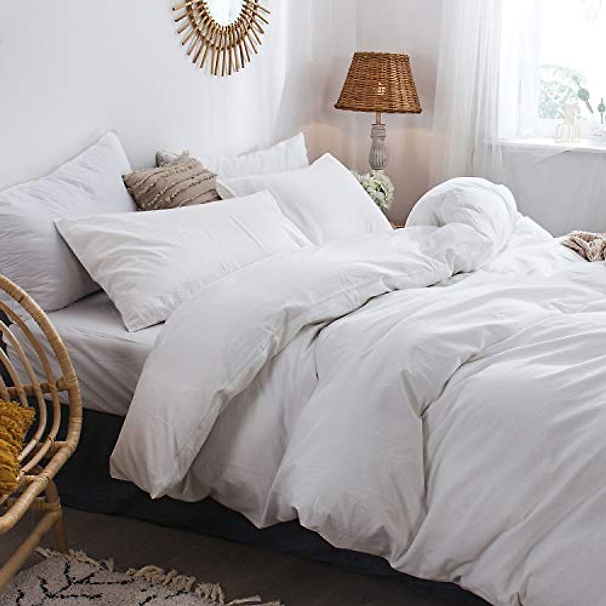 MooMee Bedding Duvet Cover Set 100% Washed Cotton Linen Like Textured Breathable Durable Soft Comfy (Off White, Queen)