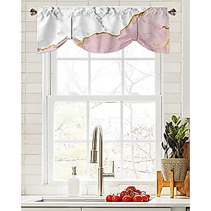 White Pink Marble Tie Up Valance for Kitchen Windows, Adjustable Window Valance Kitchen Curtains Window Topper Short Curtain for Living Room, Abstract Gold Liquid Modern Art Rod Pocket Drape 60"x18"
