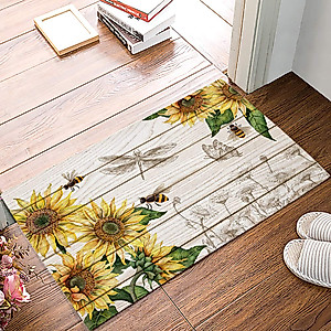 Door Mat for Bedroom Decor, Sunflowers on Wood Floor Mats, Holiday Rugs for Living Room, Absorbent Non-Slip Bathroom Rugs Home Decor Kitchen Mat Area Rug 18x30 Inch
