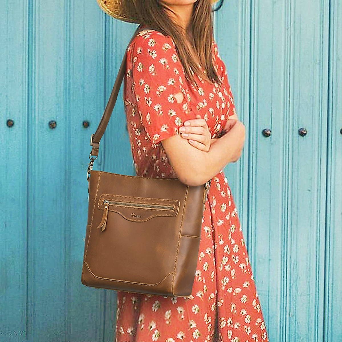 S-ZONE Women Genuine Leather Tote Bag Bundle with Elegant Shoulder Bucket Purse