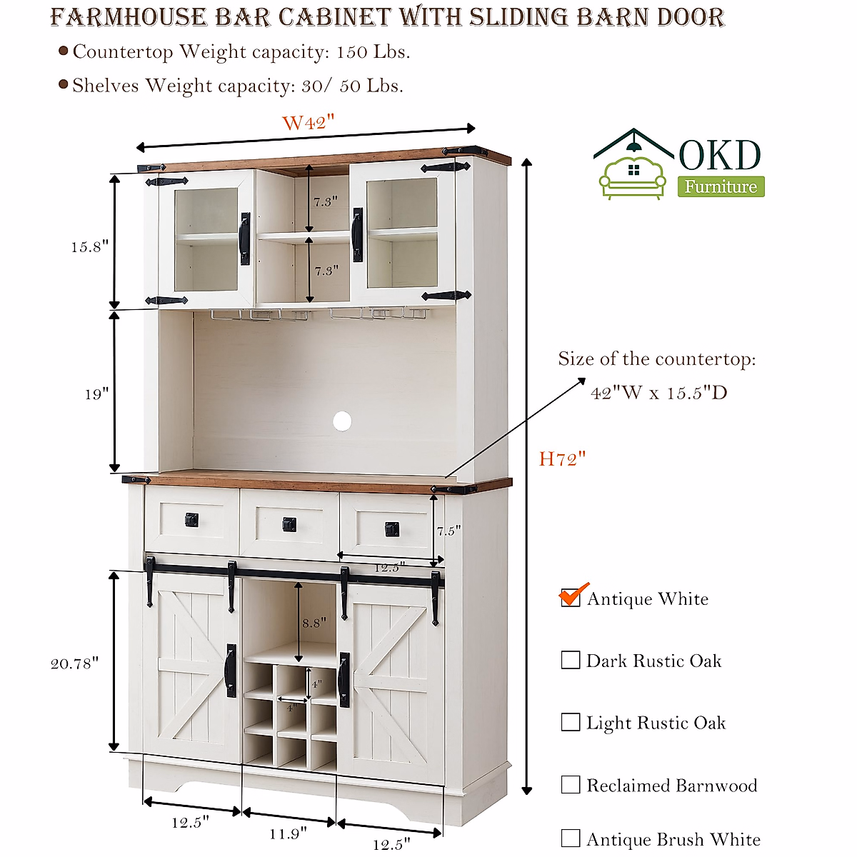 OKD 72" Farmhosue Bar Cabinet with Sliding Barn Door, Large Kitchen Buffet with Hutch w/Wine & Glasses Rack, 3 Drawers, 12 Storage Shelves, Rustic Coffee Bar Sideboard Table, Antique White