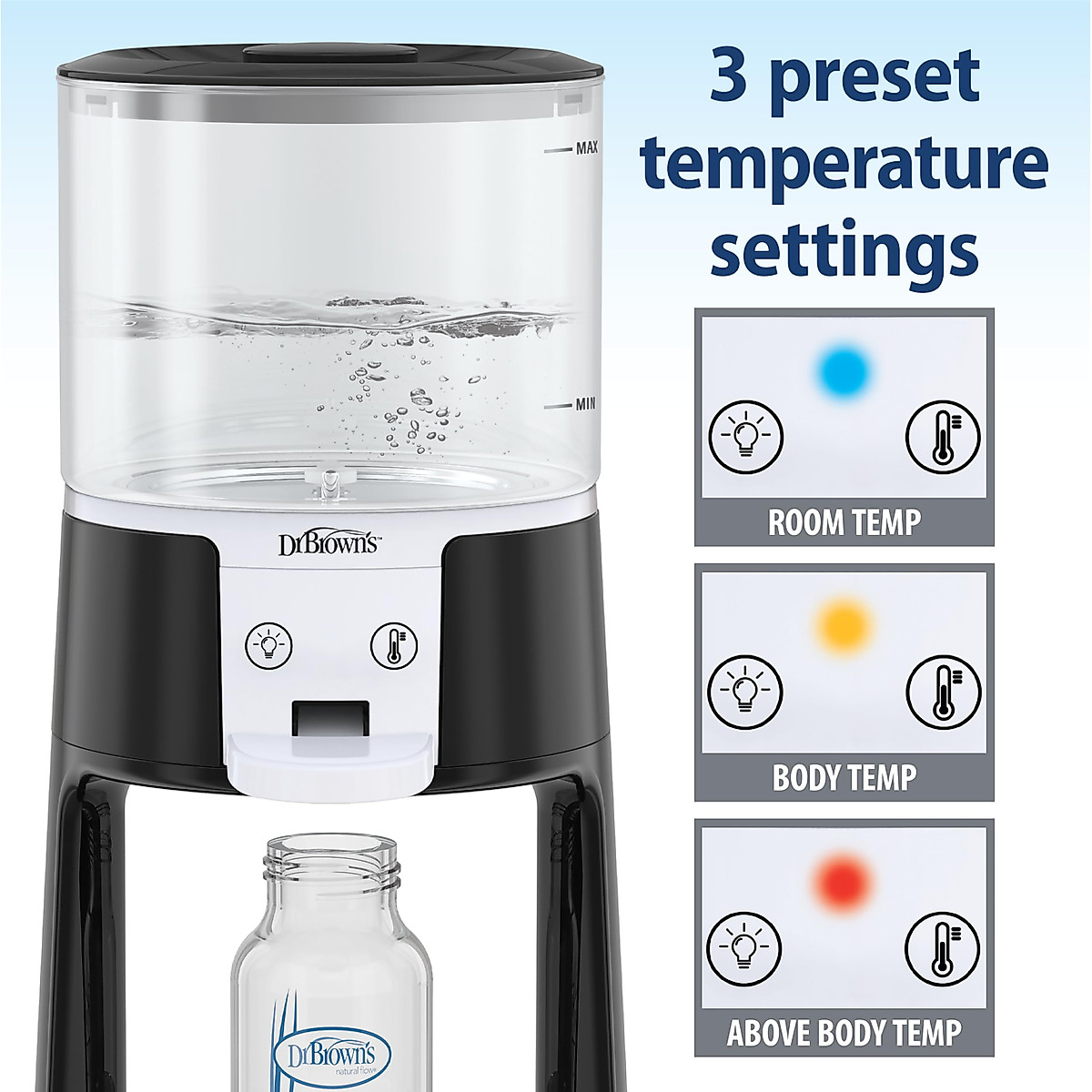 Dr. Brown's Insta-Prep Warm Water Dispenser to Instantly Prepare Baby’s Formula Bottle,Large Capacity Glass Tank with 3 Temperature Settings,Black