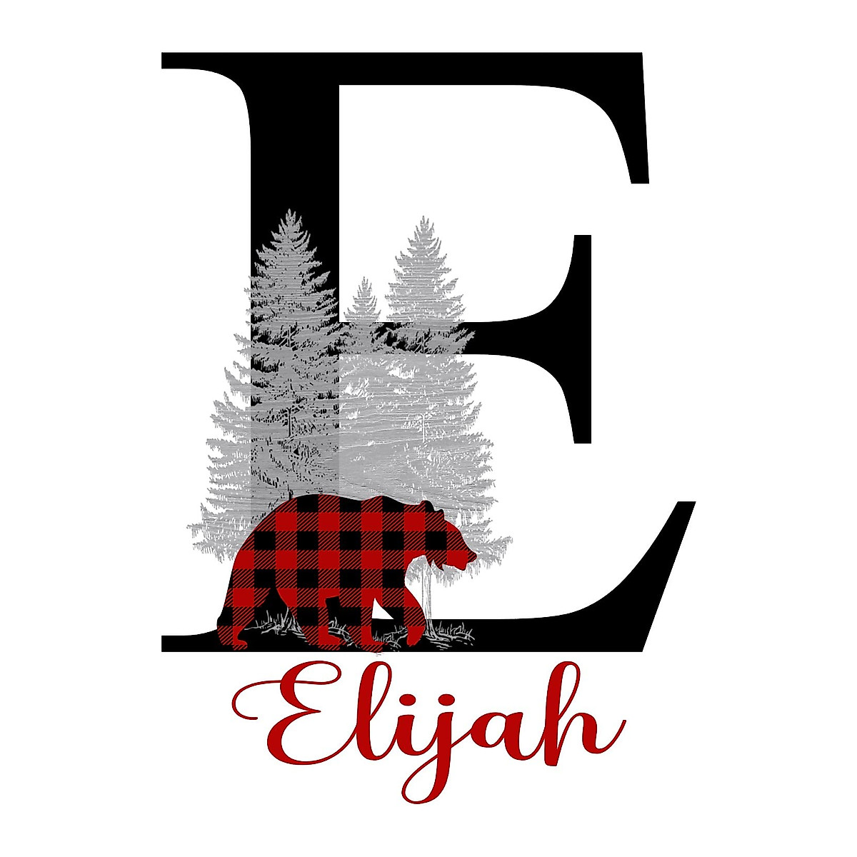 Personalized Woodland Bear Buffalo Plaid Baby Boy Nursery Decor Unframed Print - Baby Name Letter Initial Monogram