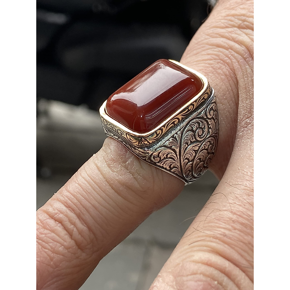 Men Handmade Ring, Red Agate Ring, Dark Aqeeq Gemstone Ring, Ottoman Style Ring, 925k Sterling Silver, Gift For Him