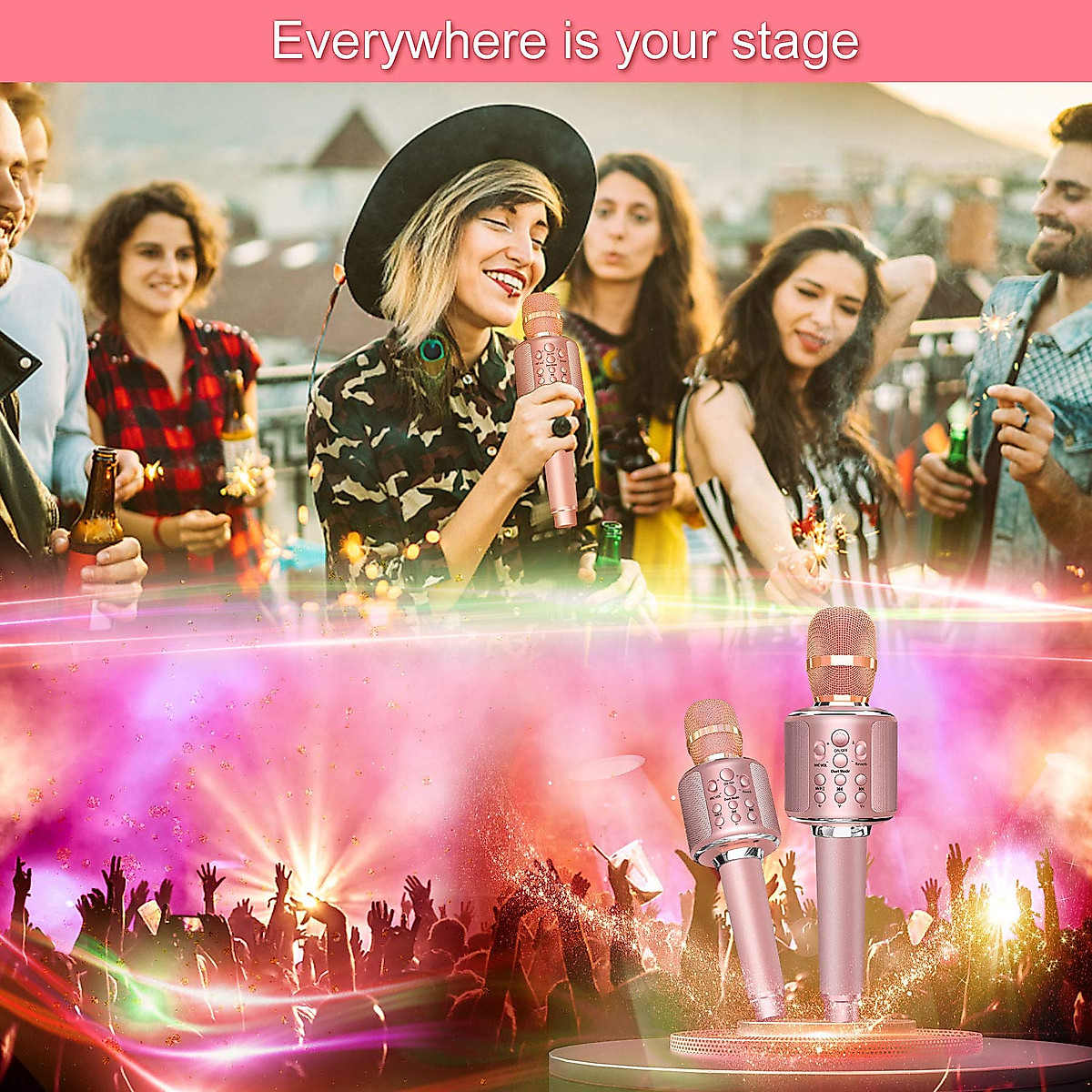 Karaoke Microphone Bluetooth Microphone Multi-Function Wireless Karaoke Machine for Kids Adults, Portable Handheld Karaoke Mic Car Home Party for All Smartphones