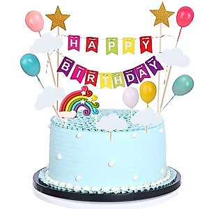 MEMOVAN Rainbow Cake Topper 15pcs, Happy Birthday Cake Flag Banner, Colorful Rainbow Clouds Balloon Ball Cake Cupcake Topper, Colorful Rainbow Cake Decoration for Boys Girls Birthday Baby Shower Party