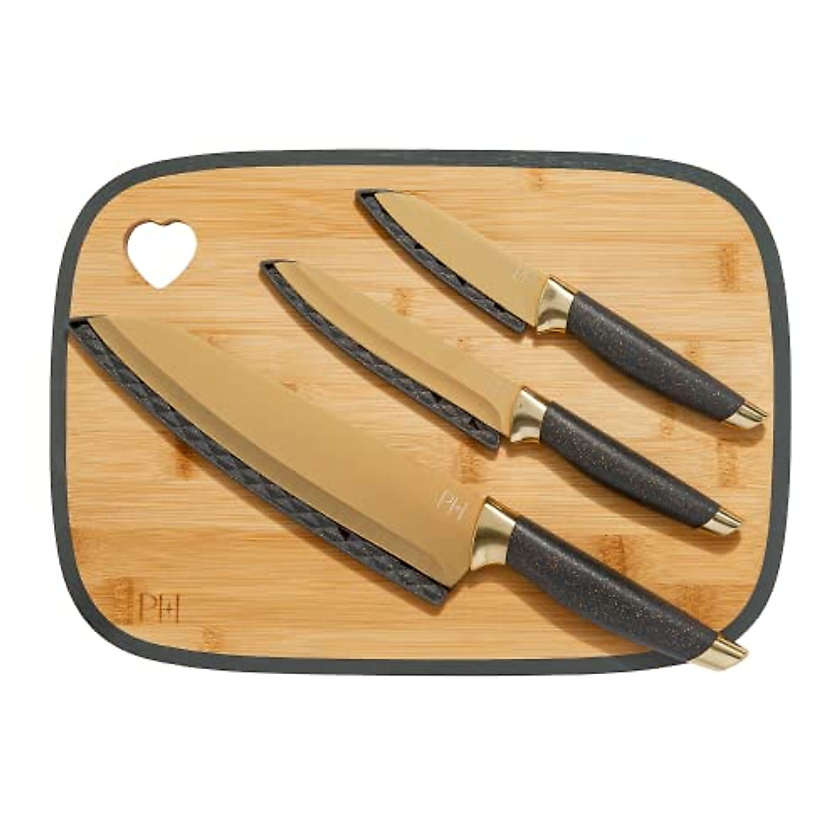 Paris Hilton Reversible Bamboo Cutting Board and Cutlery Set with Matching High Carbon Stainless Steel Knives, Blade Guards, Sleek Yet Comfortable Handle Grips, 7-Piece Set Gold, Charcoal Gray