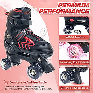 HXWY Kids Roller Skates for Boys Girls Child, Adjustable 4 Sizes Roller Skates for Kids and Youth with Light Up Wheels, Quad Black & Red Roller Skates for Sports (Little Kid 11J-1)