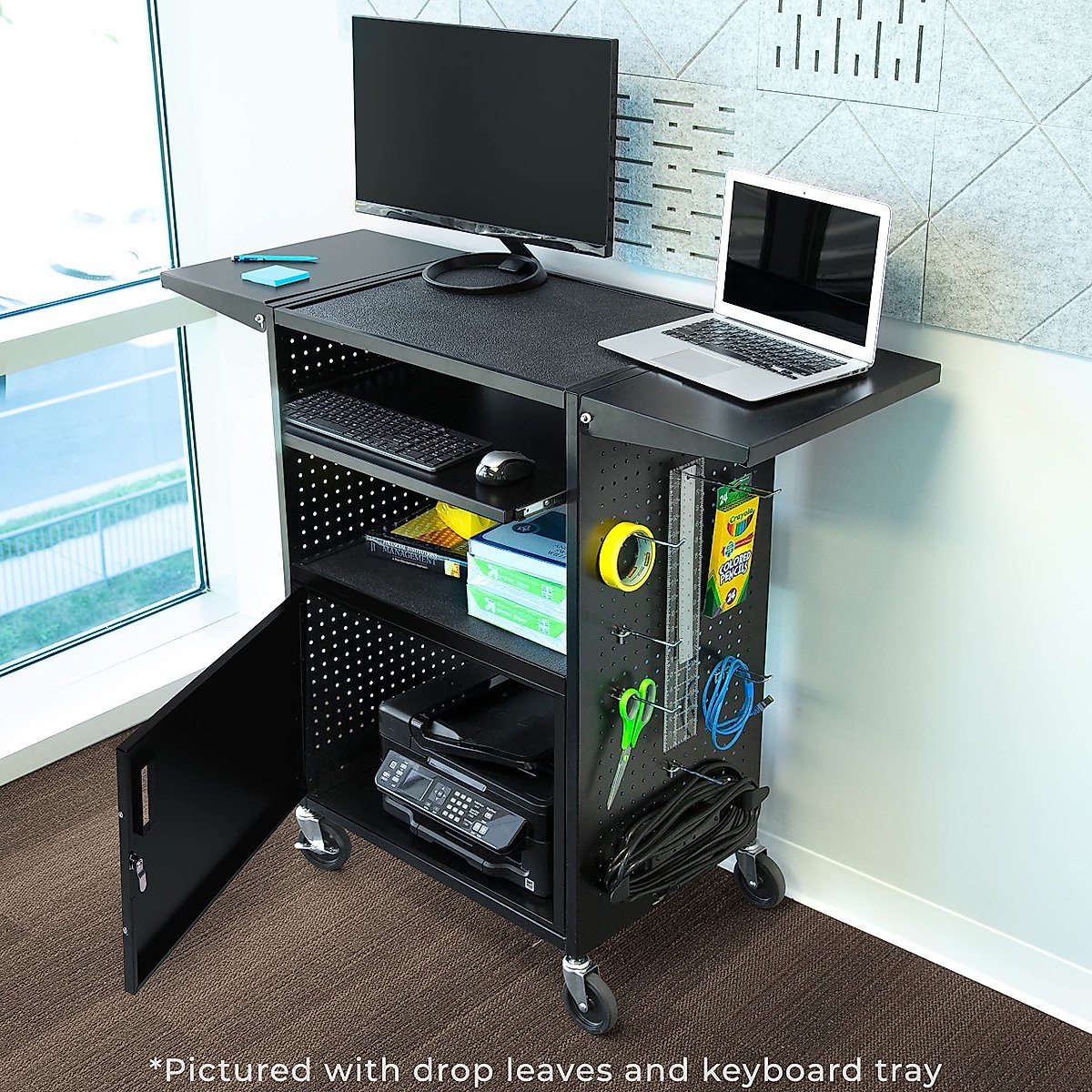 Line Leader Stellar AV Cart - Computer Cart with Customizable Pegboard & Hooks, Dual Locking Cabinets, UL Certified Power, Mobile Workstation with Locking Wheels, Ideal for Laptop & Charger Storage