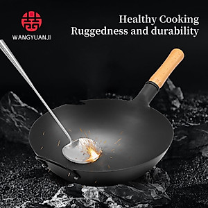 WANGYUANJI Iron Wok, 14.17’’ Traditional Round-Bottom Wok, Chef’s Professional Stir-Fry Pan with Wooden Handle, Chemical-Free Iron Wok for Gas Stoves and Round-Bottom Induction Stovetop