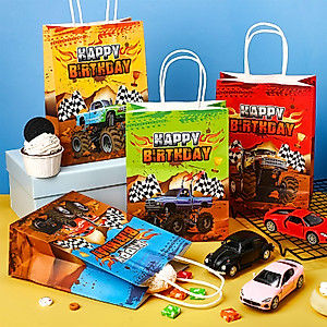 Pajean 28 Pcs Monsters Truck Party Favor Bags Themed Paper Gift Bags Racing Trucks Goody Treat Candy Bags for Monsters Truck Themed Birthday Party Supplies(16 Pcs, Simple)