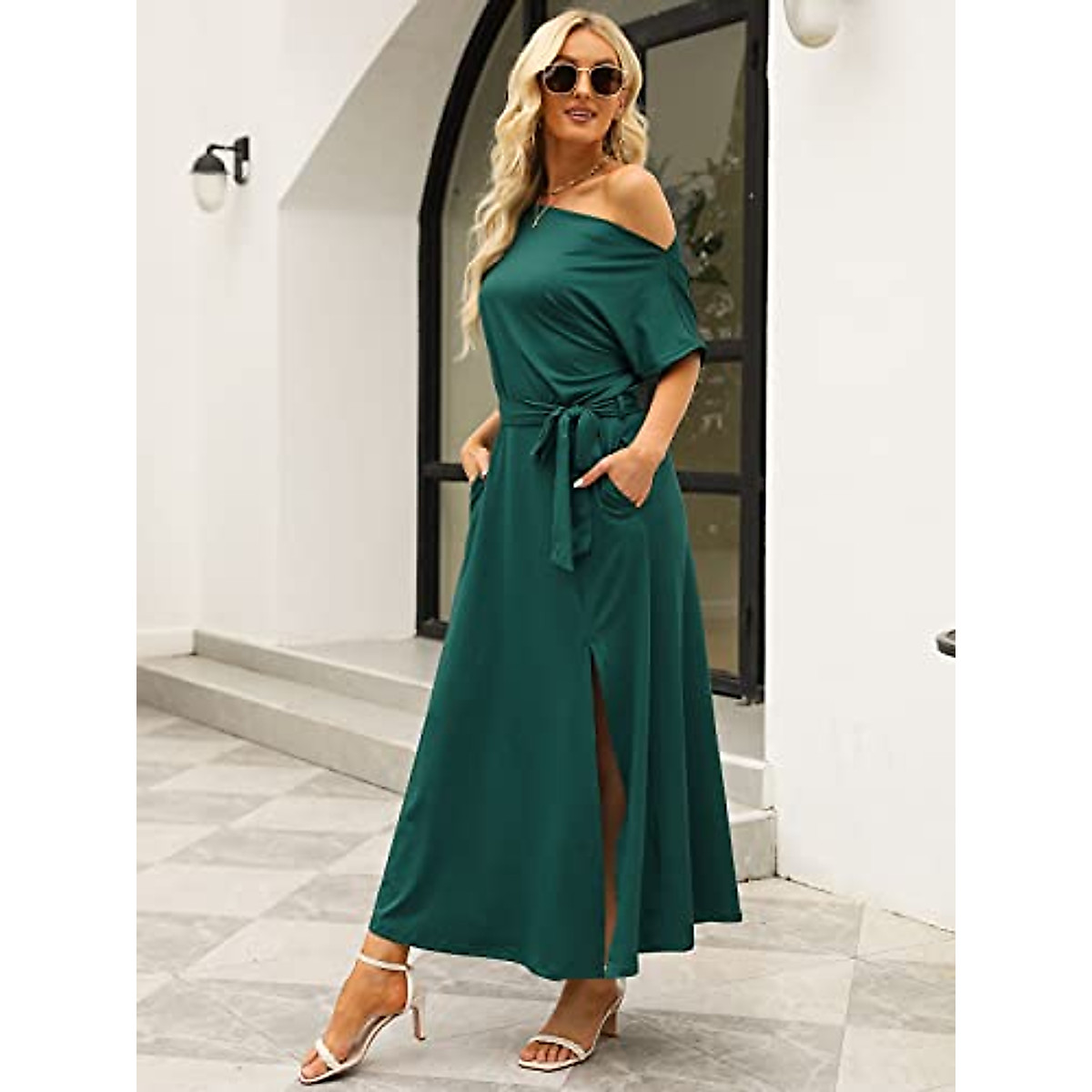 LILLUSORY Off The Shoulder Midi Wedding Guest Dresses 2023 Summer Cocktail Party Women Dress Emerald Green