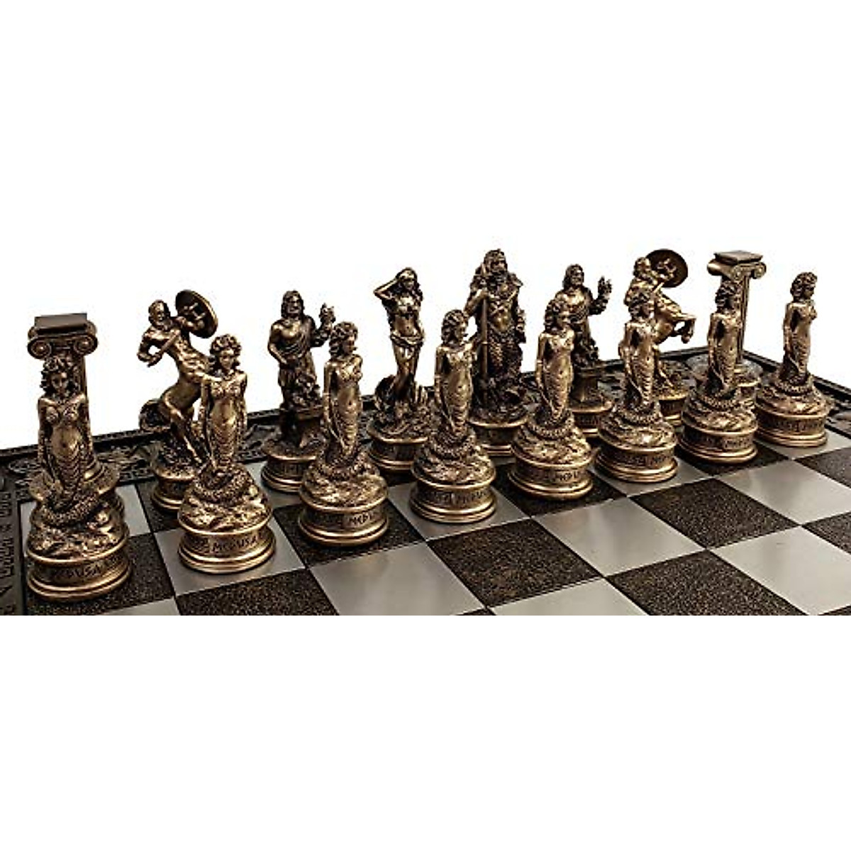 Greek Mythology Olympus Gods Zeus vs Poseidon Pewter and Bronze Color Chess Set with 17" Greek Board