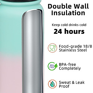 Fanhaw 20 Oz Insulated Stainless Steel Water Bottle with 1 Lid (Chug Lid) - For Kids, Women, Men | Leak & Sweat Proof with Anti-Dust Lid (Green Pink)