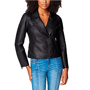 [BLANKNYC] womens Luxury Clothing Semi Fitted Vegan Leather Motorcycle Jacket, Onyx, Large US