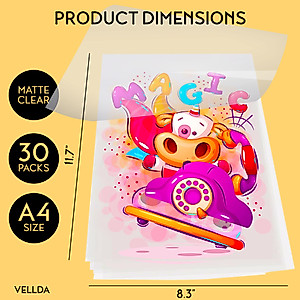 VELLDA DTF Transfer Film for Sublimation Dark Shirts - 30 Sheets of A4 DTF Transfer Paper for Dark Fabric - Printable Heat Transfer Paper for T Shirts - Iron on Transfer Paper for Inkjet Printers