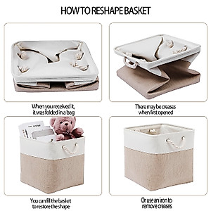 MidmmVick 13 x 13 Inch Cube Storage Bins, 4 Pack Large Collapsible Fabric Storage Bin with Ropes, Foldable Storage Cubes for Home, Office,Closet, Clothes, Toys Organizer (White & Beige)