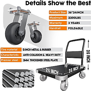 Steel Platform Truck Heavy Duty Flatbed Cart, 2200Lbs Push Cart Dolly, 36 x 24in Moving Flat Cart with 5'' Swivel Wheels