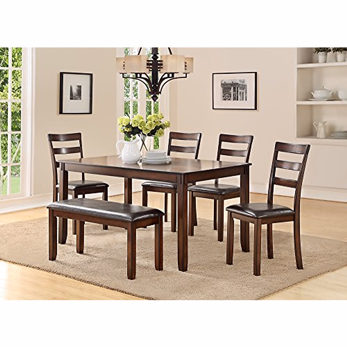 Benjara Rubber Wood Dining Set, Brown