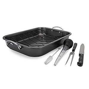 Eternal Living 6 Piece Rectangular Turkey Roaster Pan with Rack Carving Knife Fork Baster and Brush, Roasting Pan 15 Inch Black