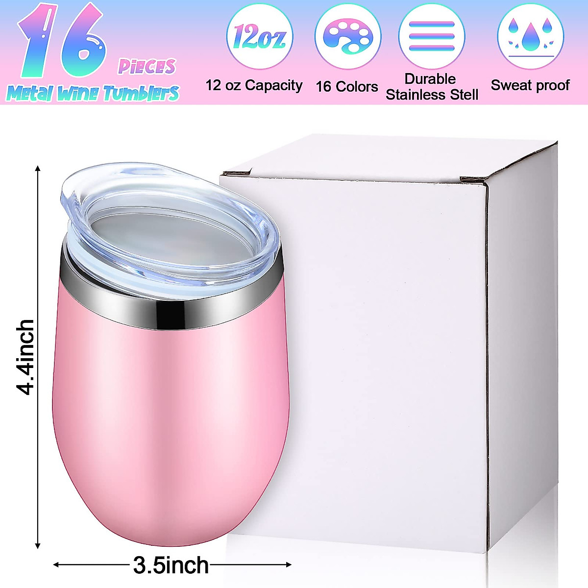 16 Packs Stainless Steel Wine Tumblers with Lids, 12 oz Insulated Wine Tumbler Stemless Double Wall Vacuum Wine Glass Coffee Tumbler Bulk Drinking Cup for Hot or Cold Drink Soda Whiskey, 16 Colors