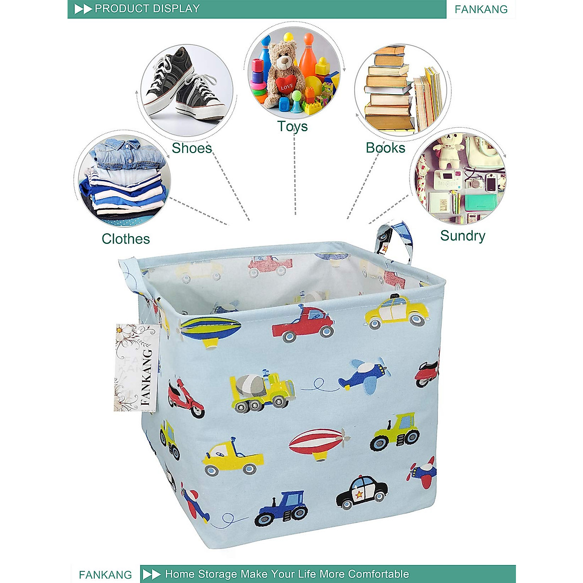 FANKANG Square Nursery Hamper Storage Bins Canvas Laundry Basket Foldable with Waterproof PE Coating Storage Baskets Gift Baskets for Children, Office, Bedroom, Clothes（Square-Car ）