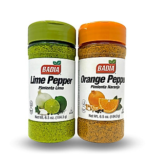Badia Lime & Orange Citrus Pepper Bundle - Lime Pepper and Orange Pepper Seasoning Set - 6.5 Oz Each - Qbin Recipe Card - Premium Handcrafted Blends with Tangy Lemon Zest and Fragrant Orange Essence - Elevate Your Dishes with Vibrant Flavors - Perfect for