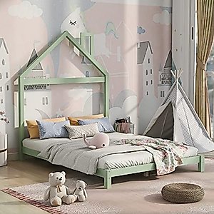 BIADNBZ Full Size Platform Bed Frame with House-Shaped Headboard for Kids Boys Girls Bedroom, Wooden Slats Support, No Box Spring Needed, Green